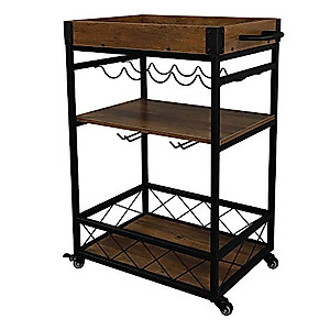Rolling Serving Bar Cart - Industrial Wood and Metal Storage Cart with Wine Rack and Glass Holder - Coffee Cart on Wheels - 3 Tier Rustic Modern Serving Cart - Home Mobile Beverage Cart - Vintage