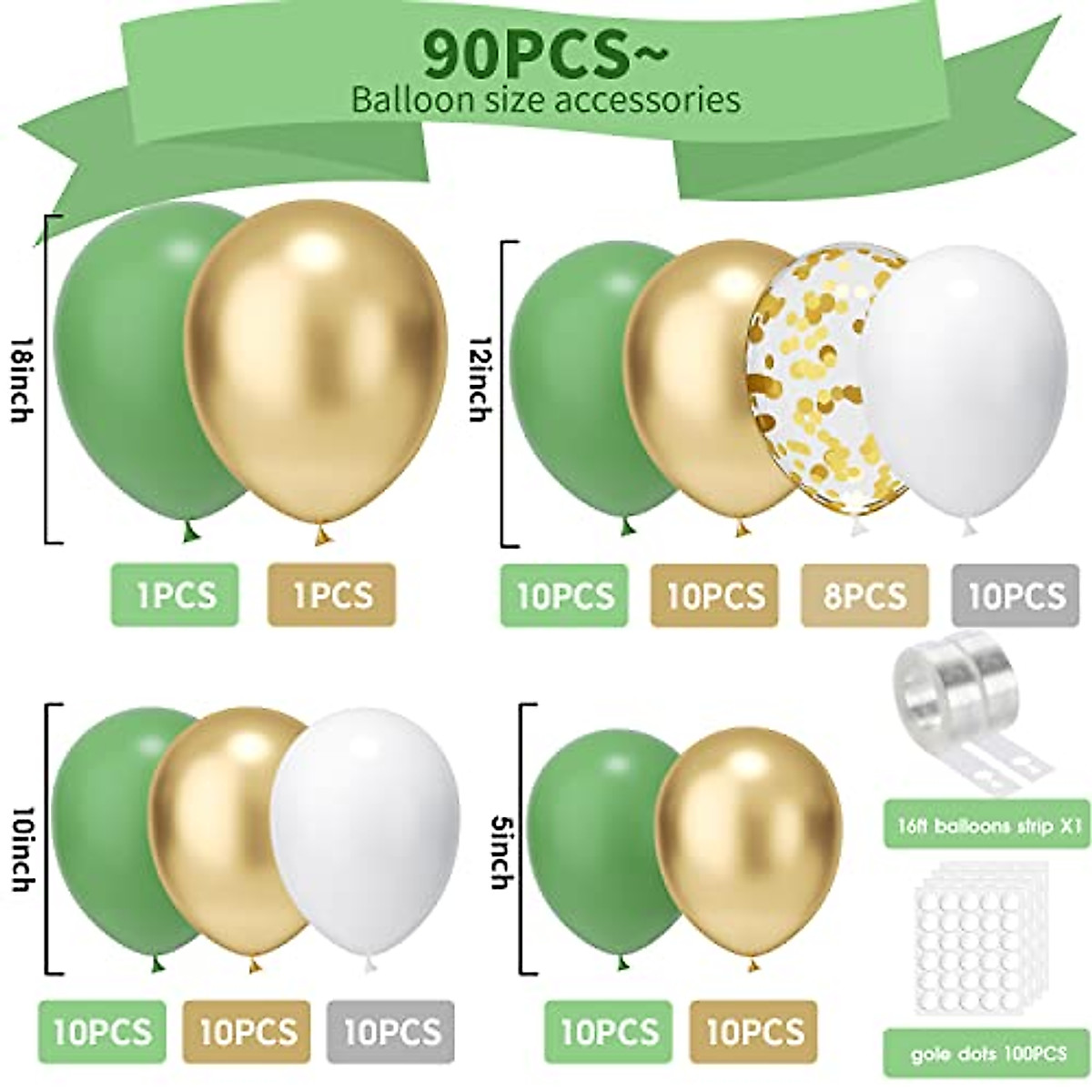 RHGBINLI Sage Green Gold Balloon Garland Kit 90pcs 18Inch 12Inch 10Inch 5Inch with Olive Green Metallic Chrome Gold and Gold Confetti Balloons for Bridal Shower Birthday Party Graduation Decorations