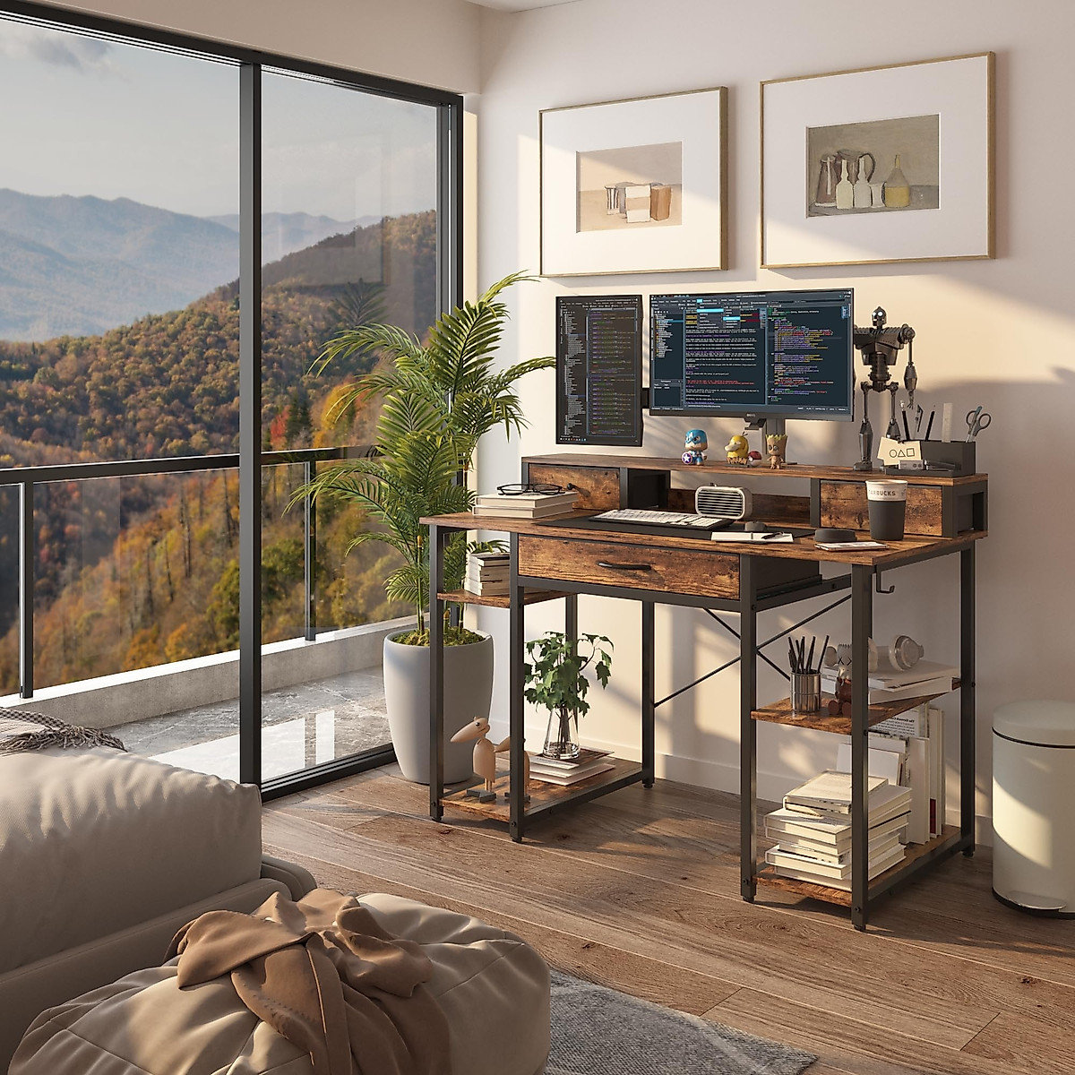 Treesland Computer Desk, 47" Office Desk with Monitor Shelf, Dual Tiers Home Office Gaming Desk with Drawers, Work Desk with Double-Layer Storage Rack, Stable Writing Desk, Rustic Brown