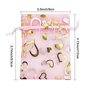 SumDirect 100Pcs 3.5x4.7 inch Sheer Pink Drawstring Heart Organza Favor Gift Bags Wedding Party Christmas Jewelry Pouches