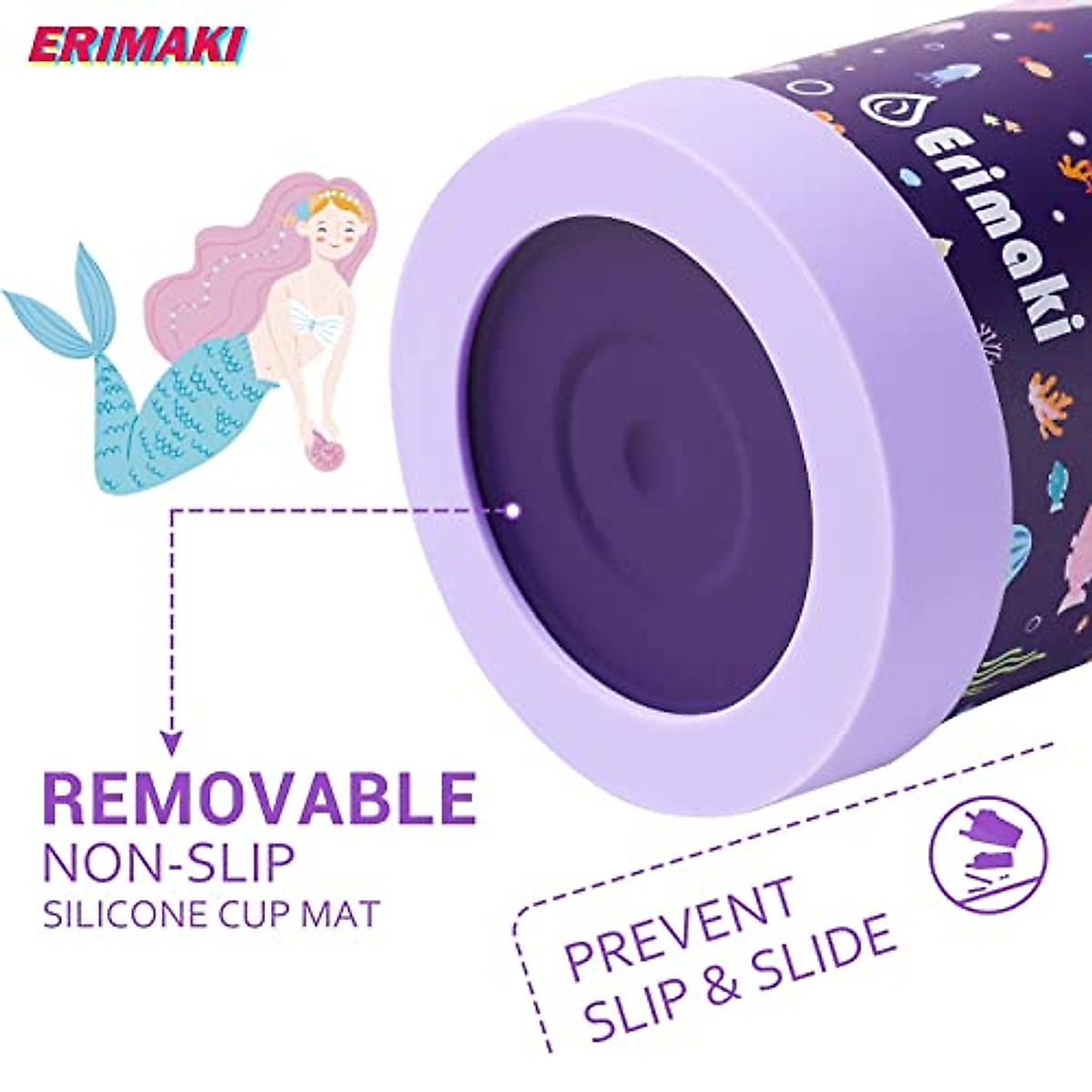 Erimaki 14 Oz Kids Mermaid Purple Water Bottle With Straw Lid And Fidget Handle, Double Walled Vacuum Insulated Tumbler, Cute Stainless Steel Metal Bottles Gift For Girl Child Sport School Travel Bulk
