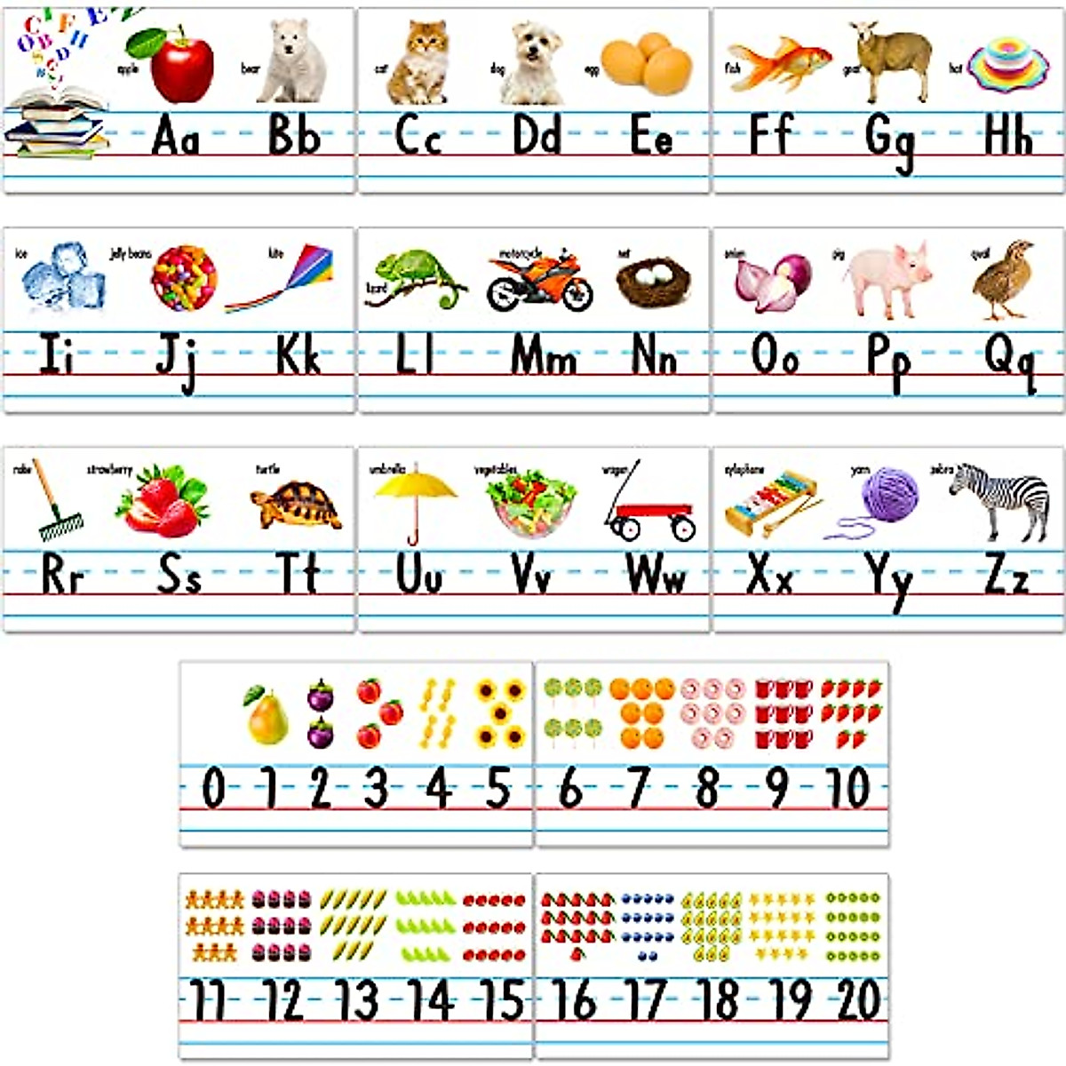 Cholemy Alphabet and Numbers Bulletin Board Strips Set Alphabet Number Wall Classroom Decoration Animal ABC Number 1-20 Line Wall Poster with Adhesive Dots for Playroom Bedroom Nursery Room Decoration