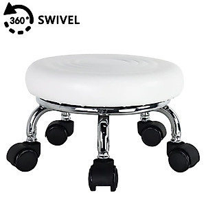 WKWKER Modern Roller Seat PU Leather Low Round Rolling Stool 360° Swivel Small Stool with Universal Caster Wheels Foot Stool for Home Office Garage Shop Fitness Sport H：8.4" （White）