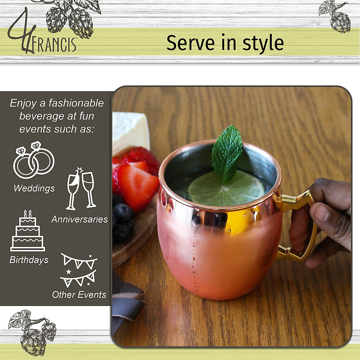 G Francis Moscow Mule Copper Mugs, 4pc Set - 18oz Smooth Copper Drinking Cups Moscow Mule Glasses Set for Ginger Beer and Cocktails