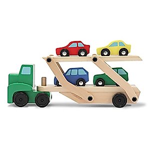 Melissa & Doug Car Carrier Truck and Cars Wooden Toy Set With 1 Truck and 4 Cars - Wooden Cars, Vehicle Toys, Push And Go Wooden Trucks For Toddlers And Kids Ages 3+