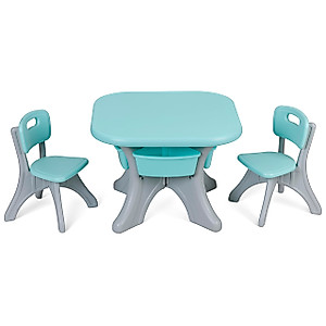 SUPER DEAL Kids Table and Chairs Set 3 Piece Plastic Children Activity Table with 4 Detachable Toy Storage Bins for Arts, Crafts, Snack Time and More, Safety Round Corners, Green