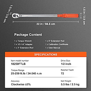 VEVOR Torque Wrench, 1/2-inch Drive Click Torque Wrench 25-250ft.lb/34-340n.m, Dual-Direction Adjustable Torque Wrench Set, Mechanical Dual Range Scales Torque Wrench Kit with Adapters Extension Rod