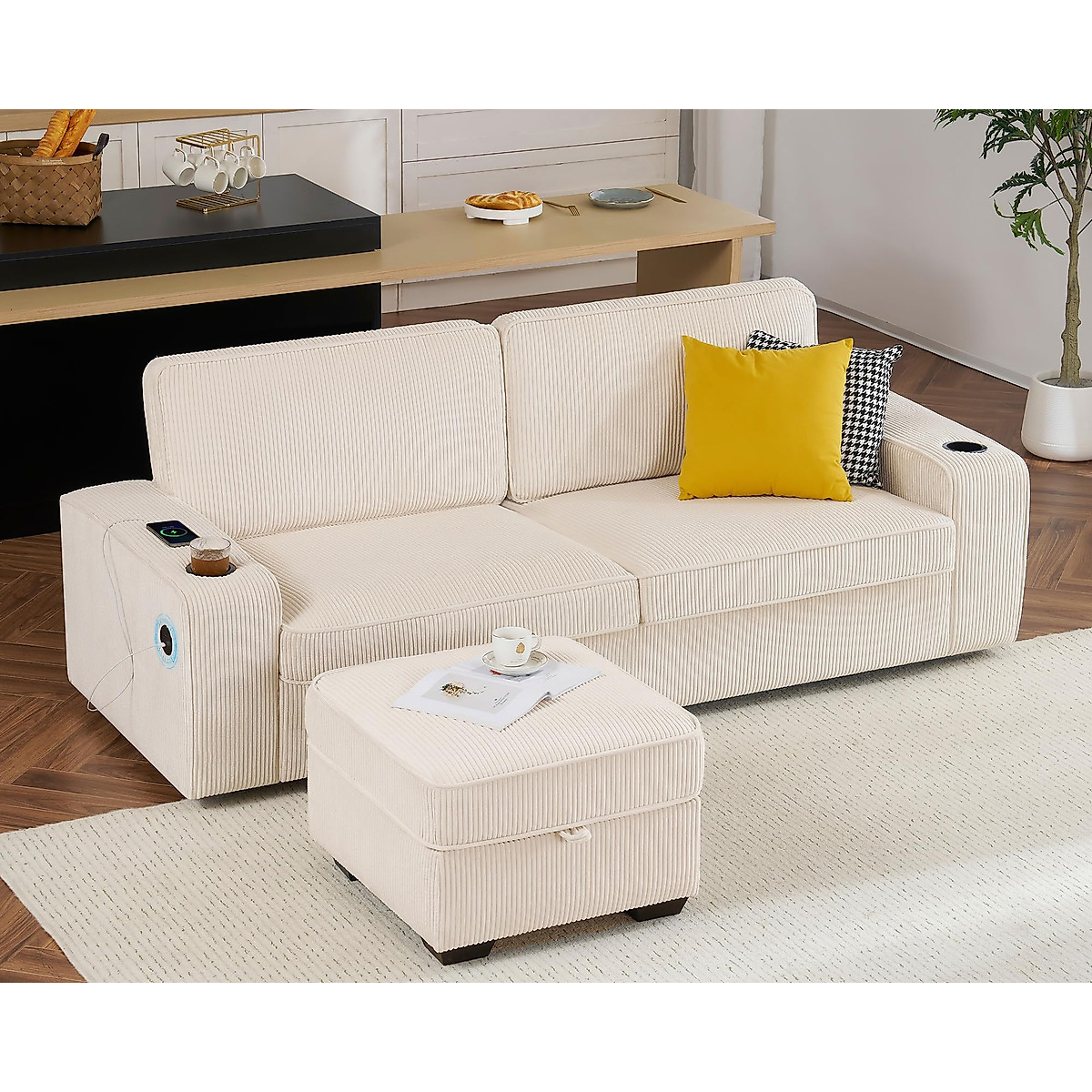 VanAcc Sofa, Modern Couch with Deep Seat, Ottoman Sofa- Comfy Couch for Living Room Apartment(Beige Corduroy)