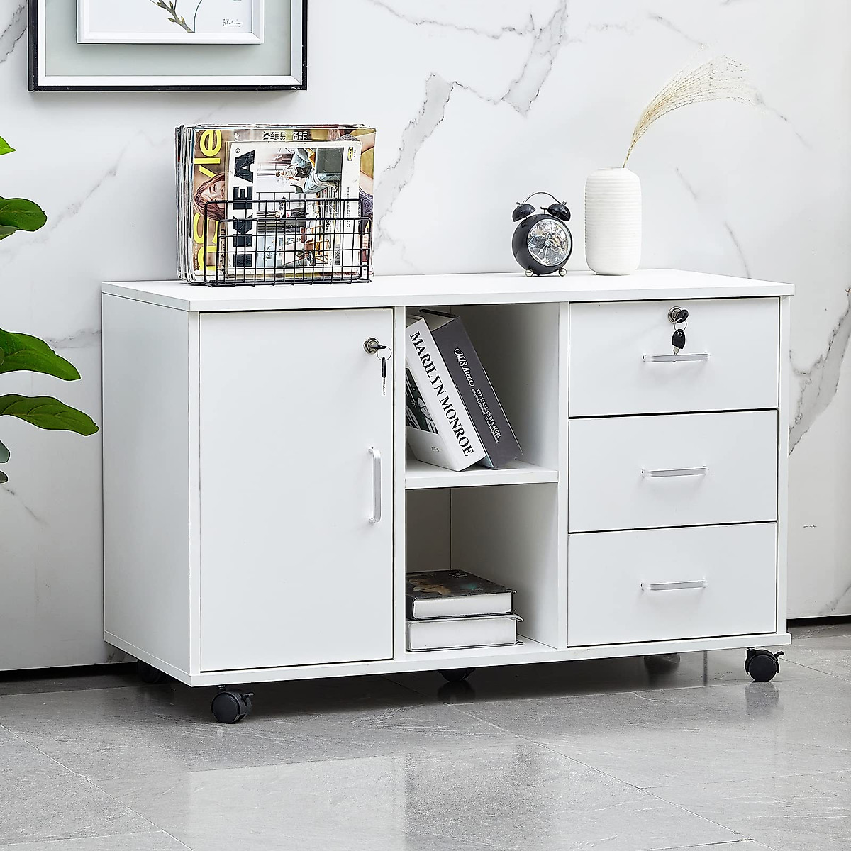 TUKAILAi Mobile File Cabinet with 3 Drawers and 1 Door, Lateral Stationery Letter A4 Size File Organization Unit for Home Office, Printer Stand with Open Storage Shelf and 4 Wheels (White)