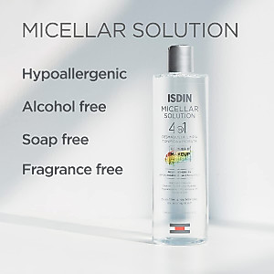 ISDIN Micellar Solution, 4 in 1 Makeup Remover, Cleanser, Hydrating Toner - Suitable for Sensitive Skin, 13.5 Fl. Oz