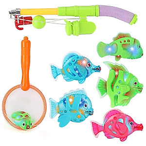 Liberty Imports Magnetic Light Up Kids Fishing Pole Bath Toy Set - Rod and Reel with Sea Turtle and 5 Unique Fish -Outdoor Water Toys and Fishing Game for Kids Age