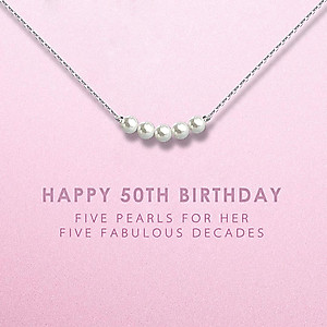 50th Birthday Gifts for Women - Sterling Silver Necklace Five Pearls for Her 5 Decades - 50 Years Old Jewelry Gift Idea