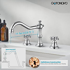 gotonovo 3-Hole Widespread Bathroom Faucet Double Cross Handle Mixer Tap for Bathroom Sink Deck Mount Hot Cold Water Matching Pop Up Drain with Overflow Polished Chrome Victorian Spout