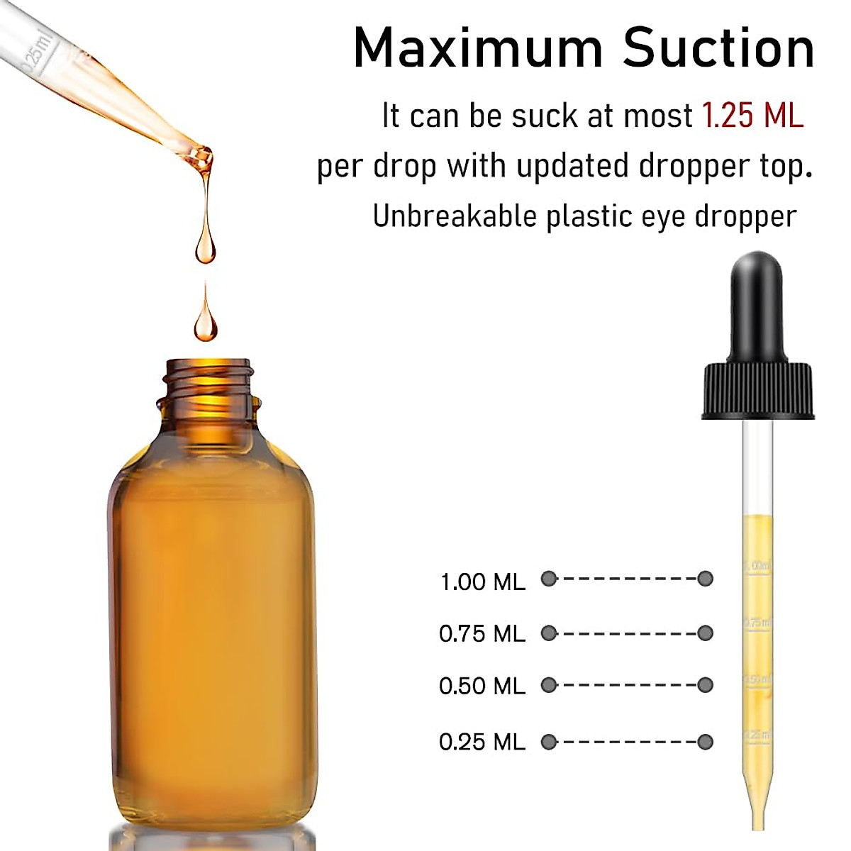 Bumobum 6 Pack, 4 oz Dark Amber Dropper Bottles with Measured Dropper, Glass Eye Dropper Bottle for Essential Oils with Funnel, Labels & Pipette, Droppers for Oils (Unbreakable Plastic Eye Dropper)