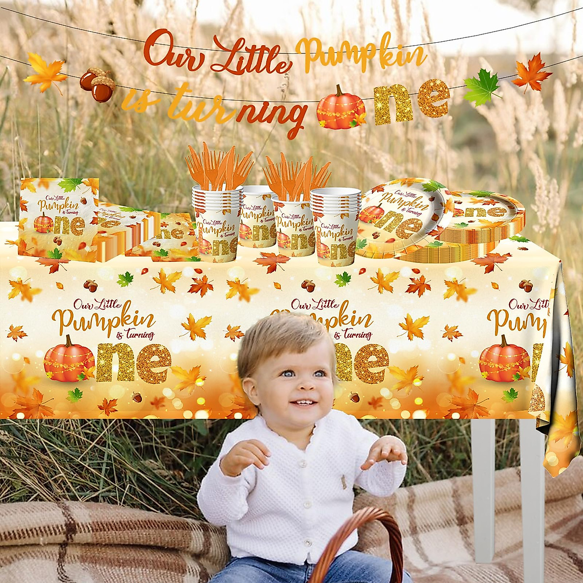 Dydamud Our Little Pumpkin is Turning One Decorations,143Pcs Little Pumpkin 1st Birthday Tableware Maple Leaf Fall Baby Shower Plates and Napkins for Thanksgiving Pumpkin First birthday Supplies