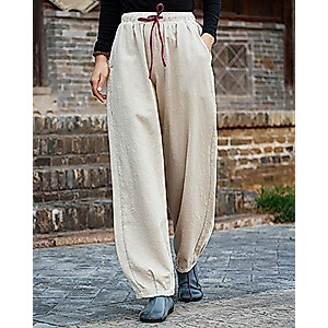 Safeeye Women's Loose Linen Pants Casual Wide Leg Drawstring Striaght Fit Trousers Beige XXL