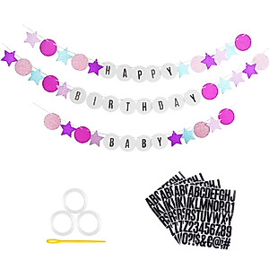 Customizable Friendship Bracelet Birthday Banner with 4 Black Letter Stickers - Pink & Purple Sparkle, Mermaid or Musical Birthday Bash Banner for Girls in My Birthday Era Singer Celebration
