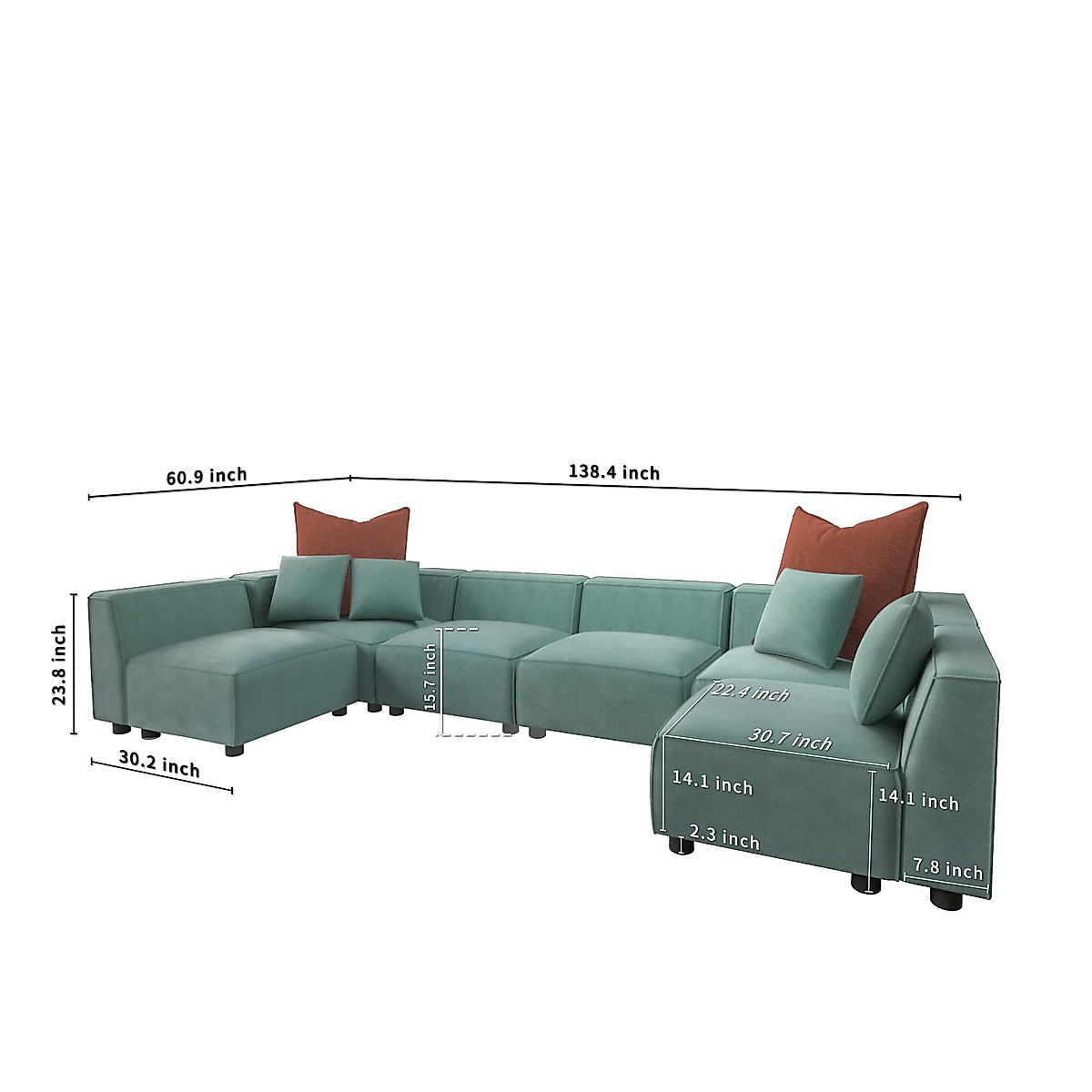 LLappuil Modern Modular Sectional Living Room Sofa Set, Low Back Minimalist Style Couch, Soft Fabric 6 Seater Oversized 138.4" U Shape Sofa, Aqua Blue