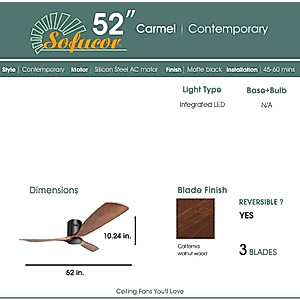 Sofucor 52" Flush Mount Ceiling Fan no Light and Remote Control, Indoor Outdoor Ceiling Fans Without Light, Quiet Energy Saving with 6 Speeds, Timer, Brown