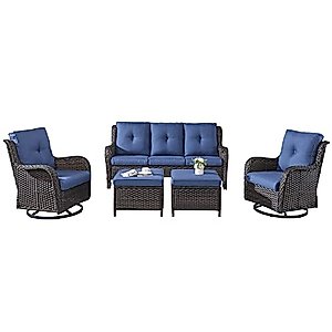 Rilyson Wicker Patio Furniture Set - 5 Piece Rattan Outdoor Sectional Conversation Sets with 2 Rocking Swivel Chairs,2 Ottomans and 1 Sofa for Porch Deck Garden(Brown/Blue)