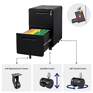 LVSTEEL 2 Drawer Mobile File Cabinet with Lock,Under Desk Metal Filing Cabinet for Home Office fits Legal/Letter,Fully Assembled Except Wheels,Black