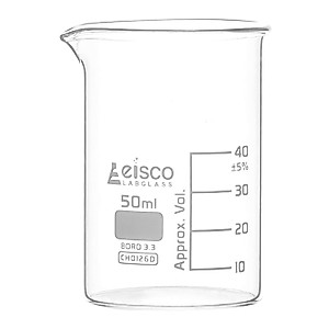 EISCO Beaker, 50ml - Low Form with Spout - White, 10ml Graduations - Borosilicate 3.3 Glass