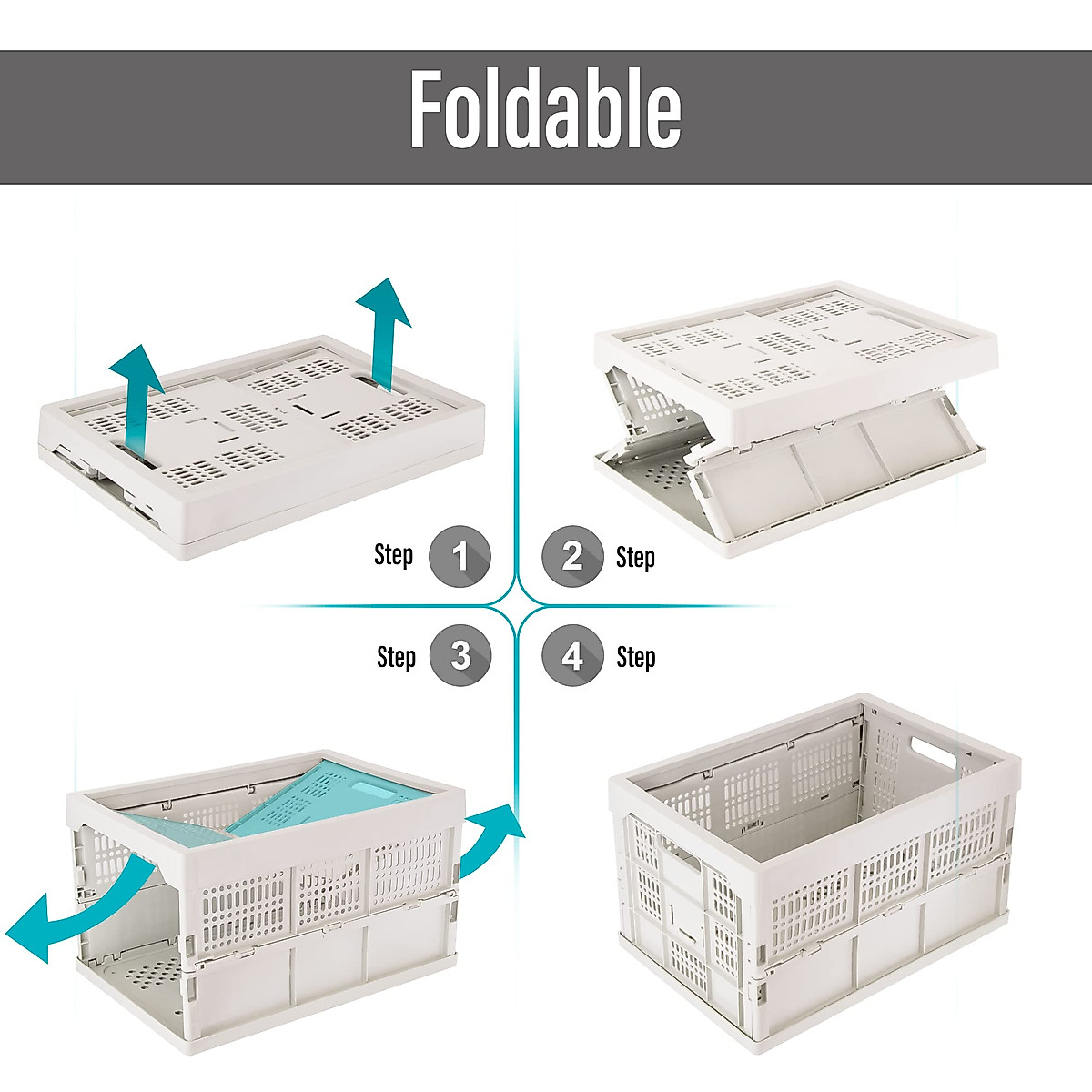 LITE DELIGHT 52L Collapsible Heavy Duty Storage Bin/Container, Stackable Folding Plastic Bin, Grated Wall, Utility (1, TCS-52HG1, Square, 52, Liters, Bin Grey)