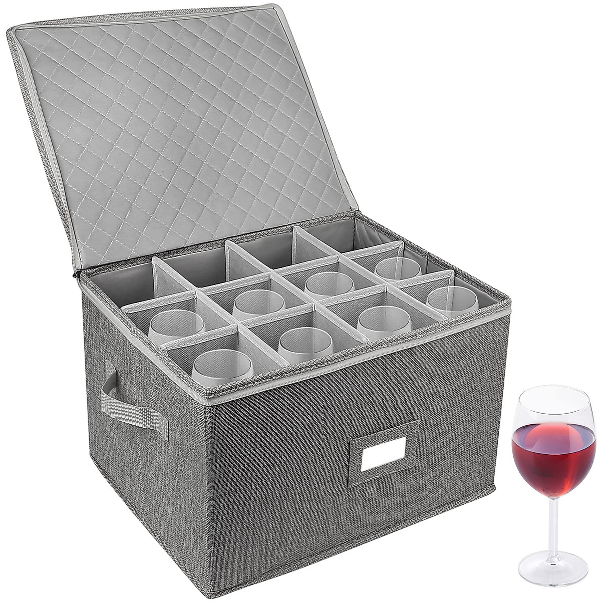 LotFancy Stemware Storage Container, Hard Shell, Stackable Wine Glass Storage Box with Dividers & Handles, Crystal Glassware, Champagne Flute, Drinkware Case for Moving, Grey