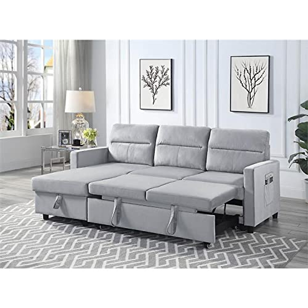 BOWERY HILL Light Gray Velvet Reversible Sleeper Sectional with Storage Chaise