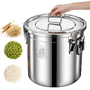 TRAGLO Stainless Steel Cereal Container with Lid and Handles Round Rice Bin Airtight Food Storage Bucket for Home Kitchen Counter 12L