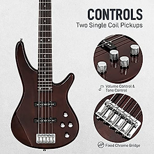 Ktaxon 5 String Electric Bass Guitar, Full Size Standard Right Handed Rosewood Fretboard Bass Kit with Gig Bag Strap Cable Wrench Tool (Earth Brown)