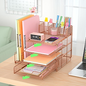 VIVSOL Rose Gold Desk Organizer, Desk Organizers and Office Desk Accessories with Drawer + Vertical File Sorters, Office Supplies for Women, Desk File Organizer Storage for Office, School, Home
