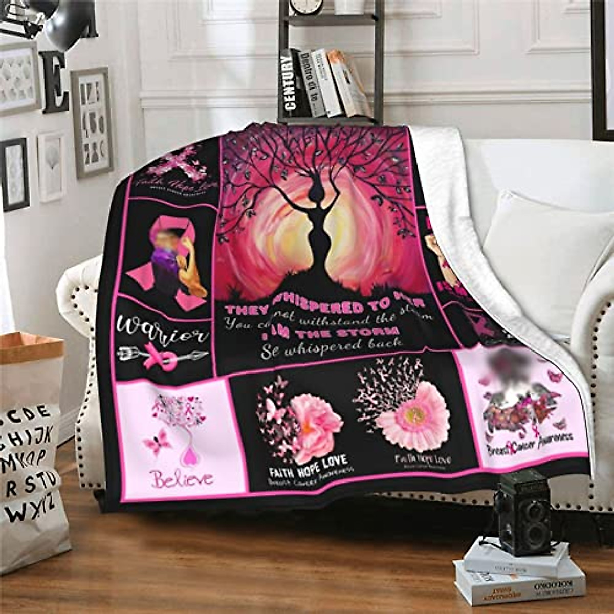 CIQYECN Breast Cancer Awareness Blanket, Pink Ribbon Awareness Faith Hope Love Gifts, Breast Cancer Survivor Gifts for Women Girls,Healing Get Well Throw Blankets,Fight Cancer Gift for Her 60"x 50"