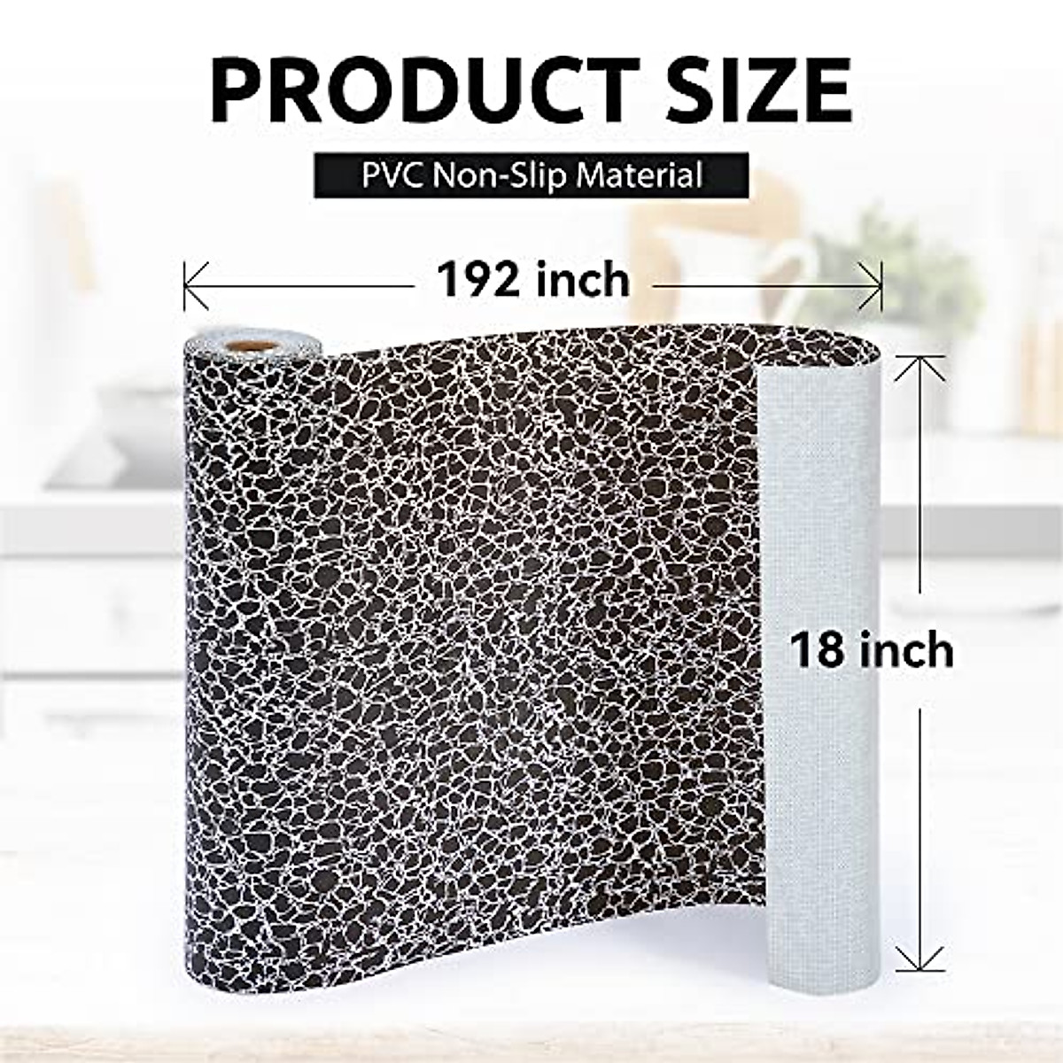 FIFTY-FEET 18X192 Inch Shelf Liner with Scissor & Tape Measure for Kitchen Cabinets, PVC Drawer Liner for Dresser Non-Slip Bathroom, Non-Adhesive Cabinet Liner Washable (Black Crack)