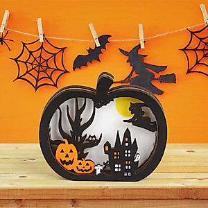 FOIMAS Halloween Wooden Table Sign,Light Up Pumpkin Table Centerpiece Topper for Halloween Table Top Party Decoration Supply（UPGRATED)