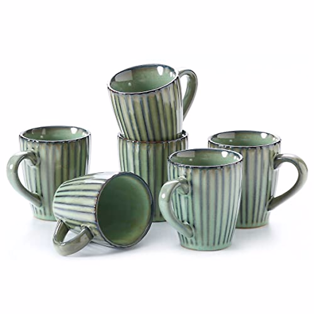 LAUCHUH Coffee Mug Set, Porcelain Fluted Mug 12 Oz Coffee Mugs with Large Handle for Coffee, Tea, Milk, Cocoa, Cereal, Father Day Gifts, Green Framhouse Style for Christmas, Set of 6
