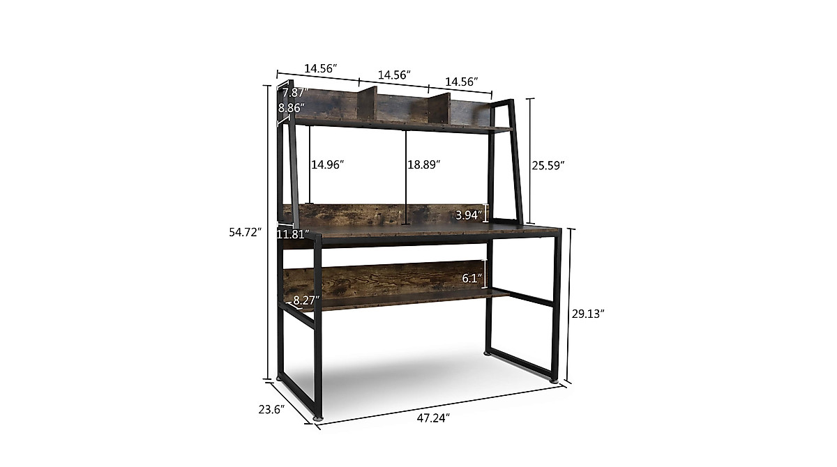LAVIEVERT 47-Inch Rustic Brown Computer Desk with Hutch & Bookshelf