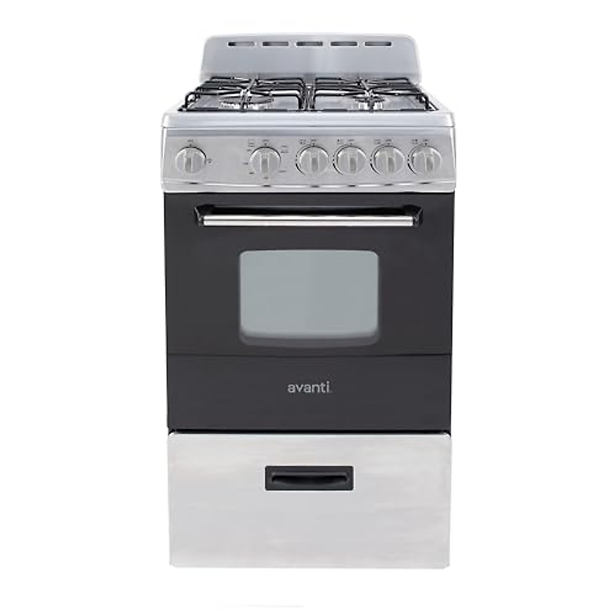 Avanti GR2013CSS Gas Range Oven Compact Freestanding Design, 4 Sealed Burners with Electronic Ignition, 2.1 Cu.Ft. Capacity Features Storage Drawer Broiler and Accessories, 20-Inch, Black