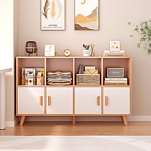 OSCHF Cubby Shelf Bookcase with Doors - Wooden 8 Cube Floor Standing Open Bookshelf with Solid Wood Legs, 2-Tier Low Storage Cabinet, Oak and Warm White