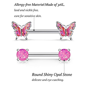 Vsnnsns 14G Nipple Rings for Women Stainless Steel Butterfly Nipple Rings Opal Nipple Piercing Jewelry Straight bar Nipple Rings Surgical Steel Nipple Jewelry Barbell Body Piercing Jewelry Pink