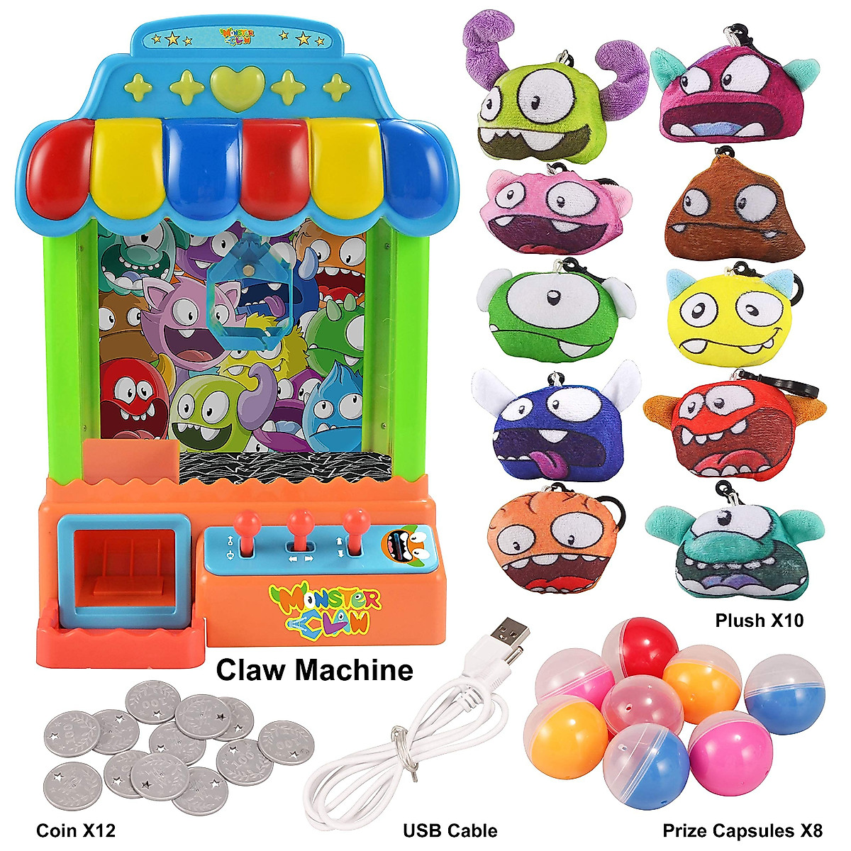 JOYIN 32Pcs Claw Machine Toys with Lights & Sounds, Mini Arcade Machine with 10 Plush Animal Characters and 8 Capsules, Electronic Claw Game Vending Grabber Machine for Kids Birthday Gift