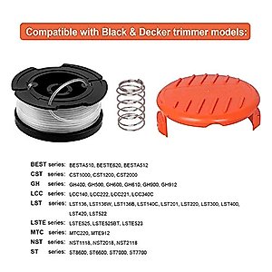 THTEN AF-100 String Trimmer Spool Replacement for Black and Decker 30ft 0.065" Refills Line Auto Feed Single Weed Eater,GH600 GH900 Edger with RC-100-P Spool Cap Covers (6 Spools, 1 Cap,1 Spring)