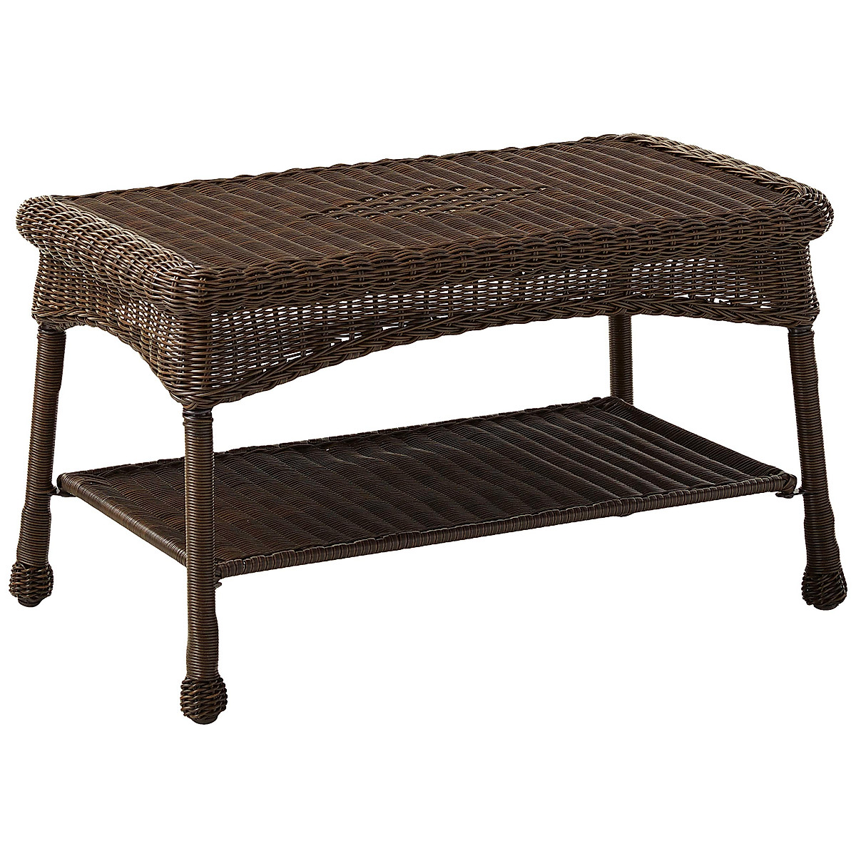 Jeco Wicker Patio Love Seat and Coffee Table Set with Tan Cushion, Espresso