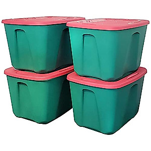 HOMZ 18 Gallon Stackable and Nestable Heavy Duty Plastic Holiday Storage Container with 4 Way Handles for Organizing, Green/Red, (4 Pack)