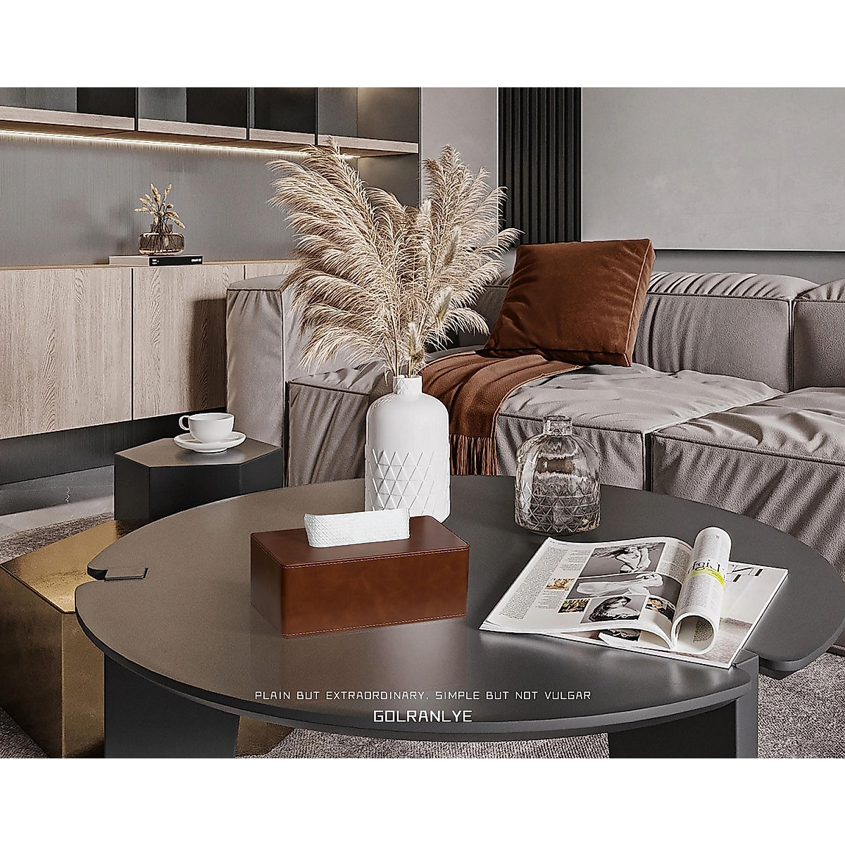 GOLRANLYE Tissue Box Cover Rectangular 9.8"(L) x 5.3"(W) x 4.3"(H) Refined Modern PU Leather Facial Tissue Dispenser Box Holder for Dresser Bathroom Decorative (Brown)