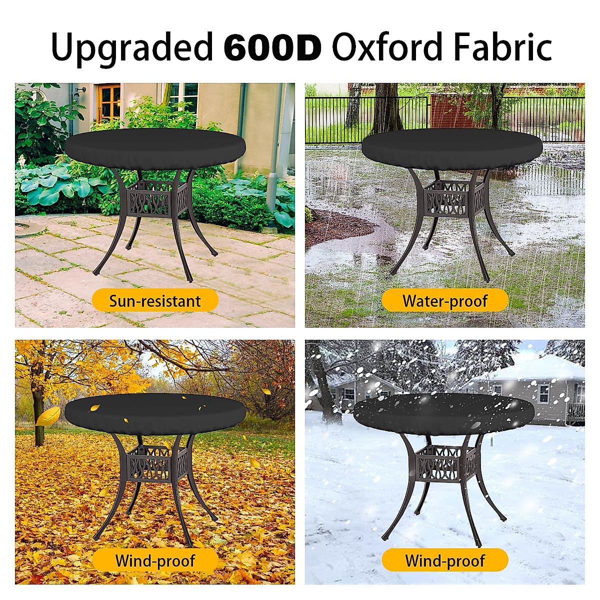 ZUDKSUY Patio Furniture Covers 48 x 4 600D Outdoor Garden Round Table Top Cover Fits Round Patio Furniture Up to 46" - 48" in Diameter Black Patio Round Table Cover