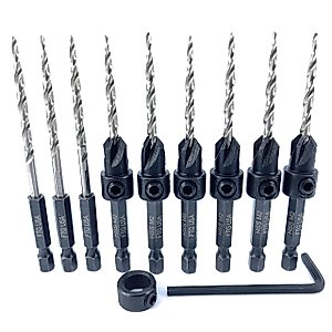 FTG USA Countersink Drill Bit Set 6 Pc #6 (9/64") Wood Countersink Drill Bit Pro Pack Countersink Set, with 3 Replacement Tapered Countersink Bits 9/64", 1 Stop Collar, 1 Hex Wrench