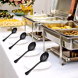 Homikit Stainless Steel 2 Black Serving Spoons, 2 Black Slotted Serving Spoons, 2 Black Serving Forks, Metal Buffet Party Banquet Restaurant Catering Serving Utensils, Mirror Polish, Dishwasher Safe