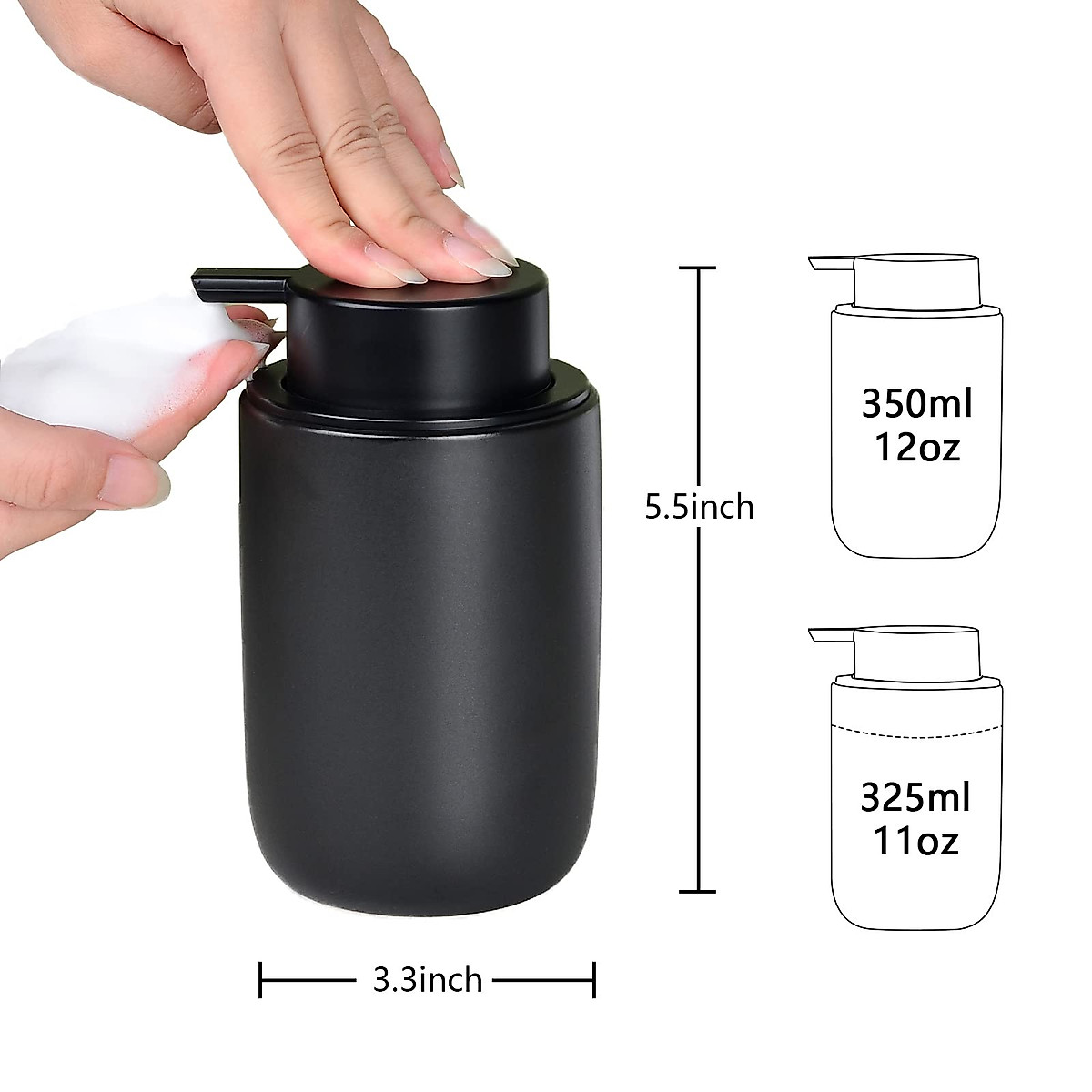 BosilunLife Foaming Soap Dispenser Set - Black Ceramic Foam Hand Soap Dispenser 12oz Set with Rust Proof Pump, 4Pcs Clear Stickers for Kitchen, Bathroom - 2 Pack