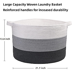 Handmade Large Cotton Rope Storage Basket, Laundry Hamper for Nursery, Woven Rope Laundry Hamper, 87L Laundry Basket for Blankets, Cotton Rope Basket with Handles, Clothes Organizer Grey & White